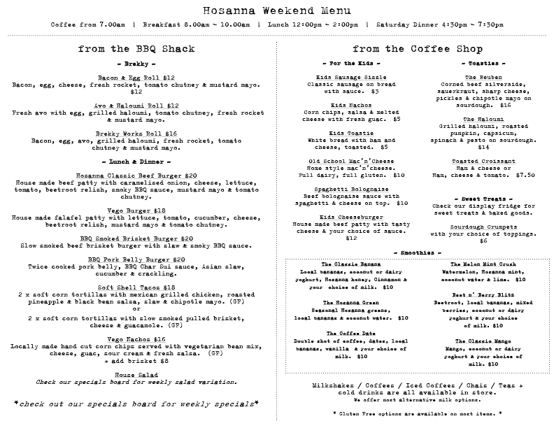 Menu - Hosanna Farmstay